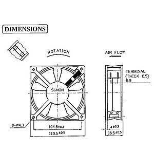 SUNON SP100A-1123XBT-R AC Fan Ball 117 CFM 50dB Flange Mount, 115V, 60Hz, 0.24 Amp, 20W, 3150 RPM, 1.5" - 102884