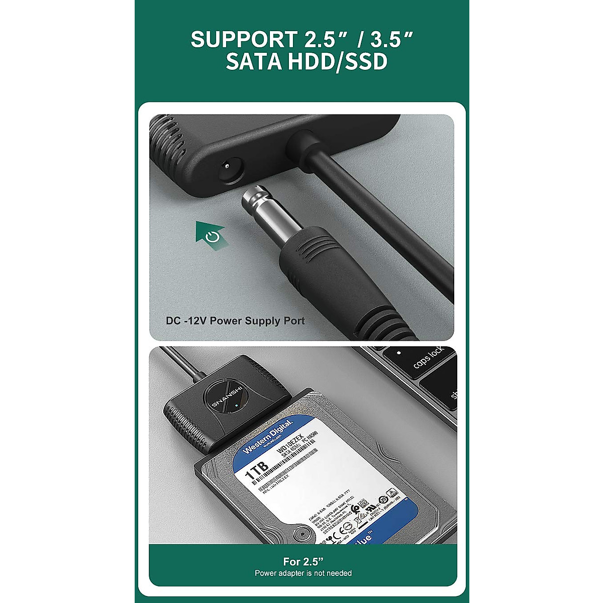 SATA to USB C Adapter, SNANSHI USB C to SATA 3.5Inch USB Type C to SATA Adapter Converter with UASP SATA to USB Converter for 2.5" 3.5” Hard Drives Disk HDD, with 12V Power Adapter