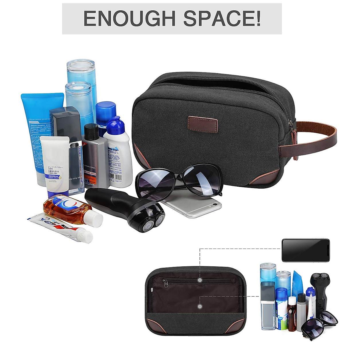 TOUPONS Men's Travel Toiletry Organizer Bag Canvas Shaving Dopp Kit TSA Approved (Black)