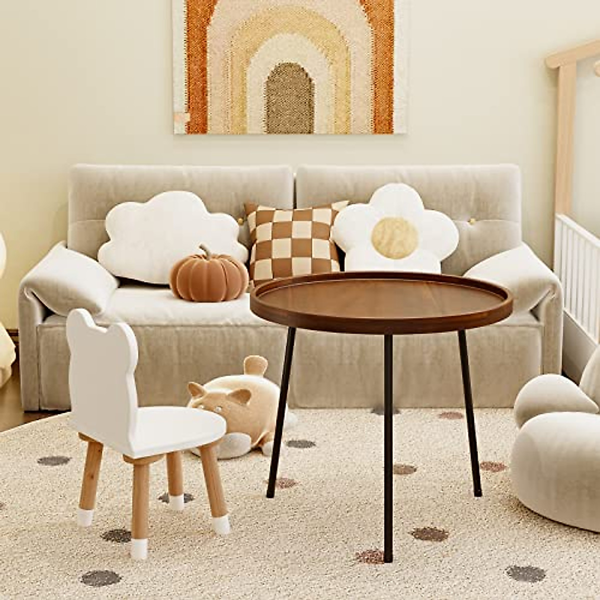 Yoimori End Table, 23 inch Wooden Round Coffee Table Nightstand with Tray and Metal Stand, Accent Table Ideal for Living Room Bedroom Office Small Spaces Indoor Outdoor