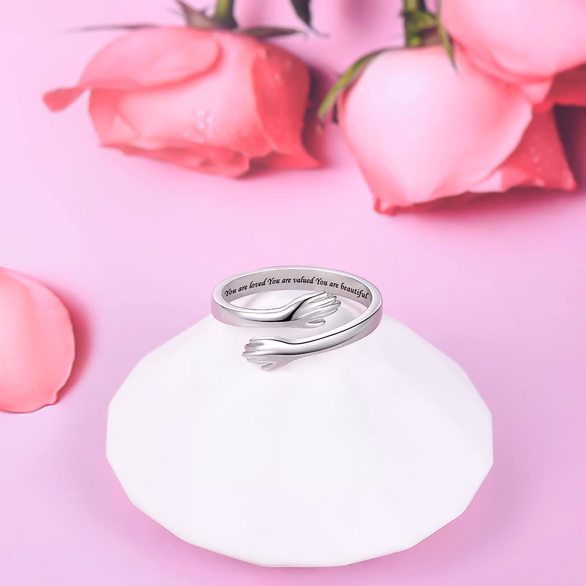 ACJFA Hug Rings for Women Sterling Silver Adjustable Ring for Women Daughter Hand Ring Jewelry for Birthday Gifts Holiday Gift for Women Teens(You are loved You are valued You are beautiful)