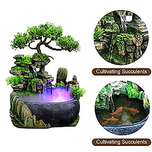 11inch Artificial Desktop Waterfall Bonsai Mini Rock Fountain, with LED Lights & Atomizer,for Indoor Relaxation Desktop Décoration Green
