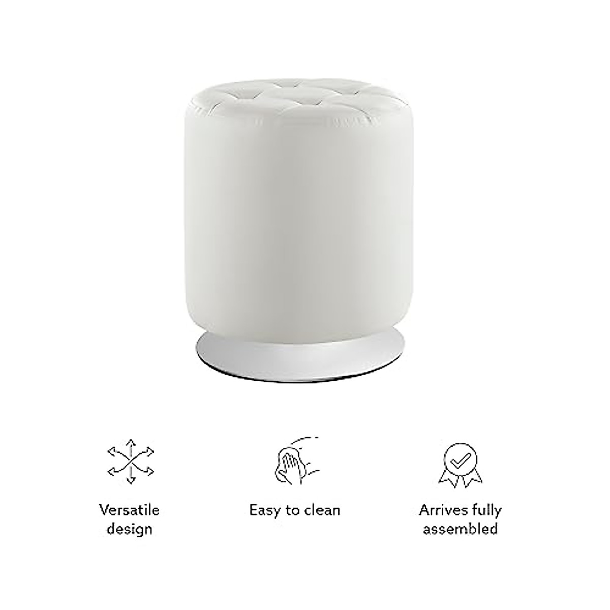 Linon White Sikes Faux Leather Tufted Swivel Ottoman with Chrome Base