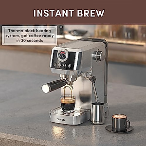Espresso Machine, Wirsh 20 Bar Espresso Coffee Maker with Plastic Free Portafitler and Steamer for Latte and Cappuccino, Expresso Coffee Machine with Pressure Gauge, Touch Screen, Full Stainless Steel (Home Barista Plus)