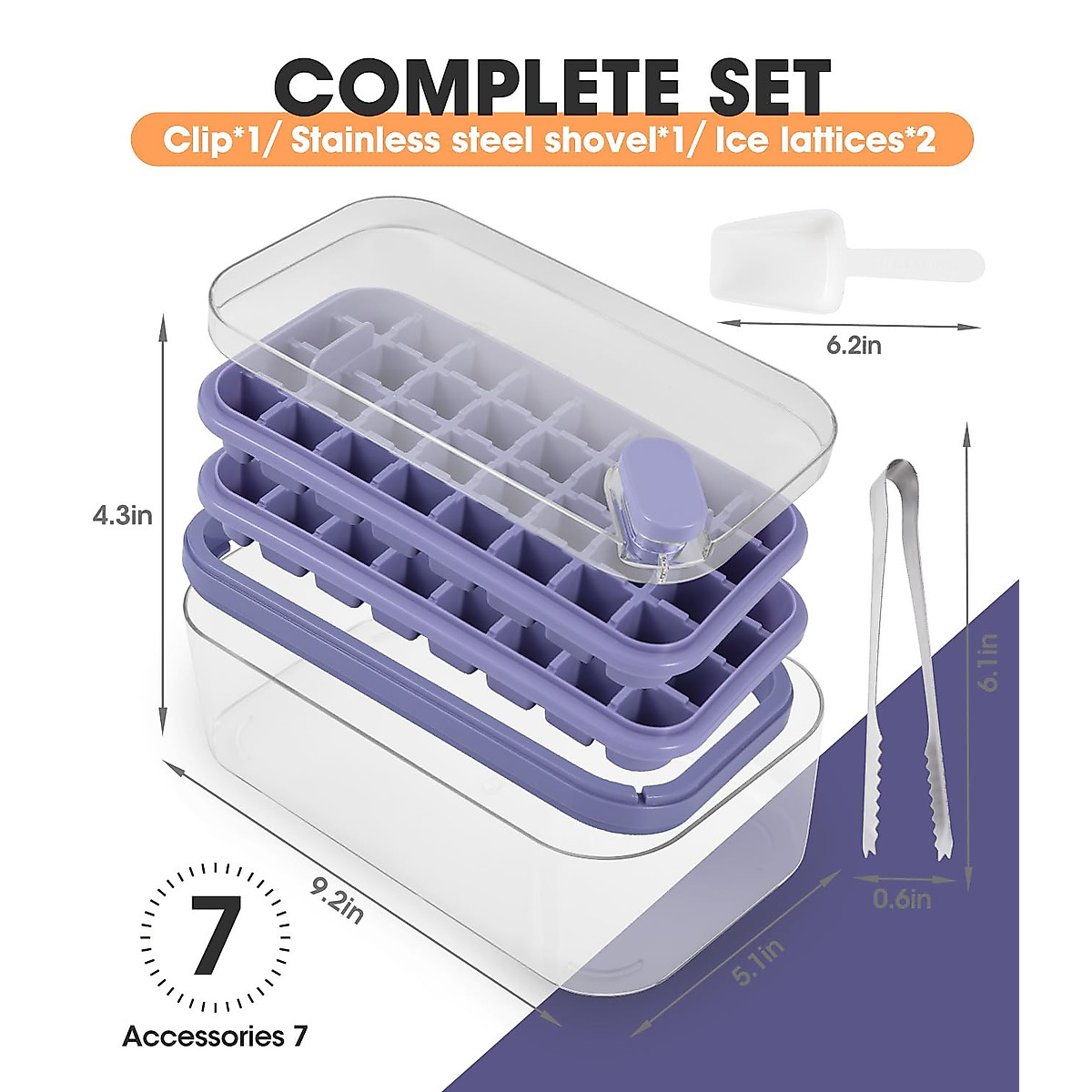 Ice Cube Trays with LId and Bin, Easy Release Ice Trays for Freezer, 2 Pack Ice Cube Molds, 64 Pcs Ice Cube Tray, Large Capacity Ice Tray Holder, Includes Ice Tong, Ice Spoon, for Whiskey, Cocktail.