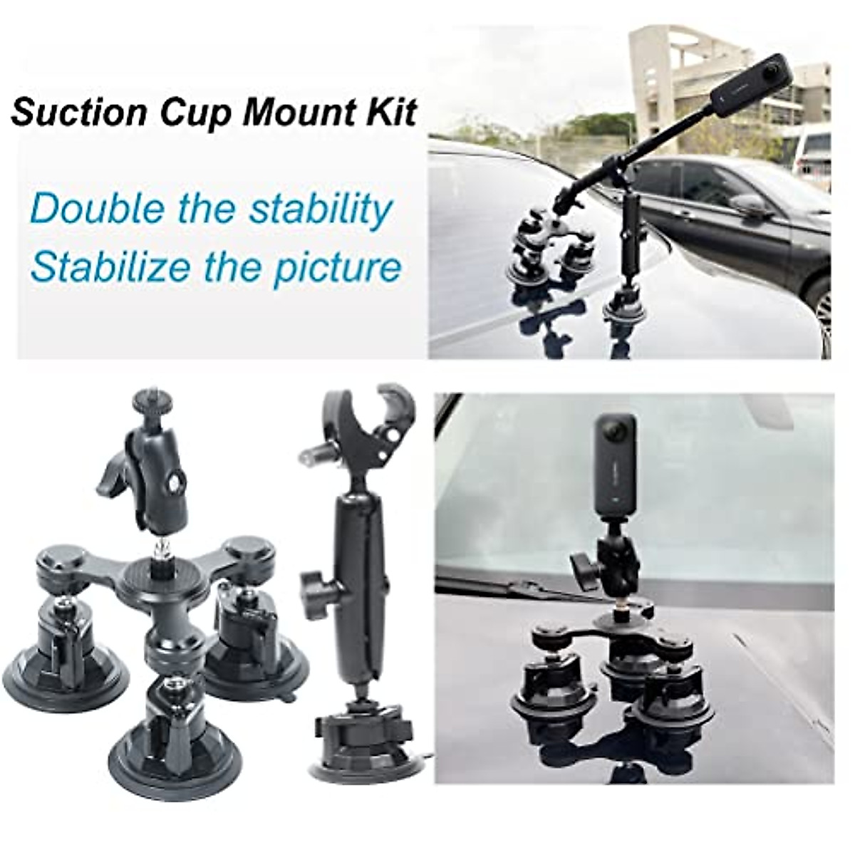Fotoleey Suction Car Mount for Insta360 x3, x2, One RS Compatible with GoPro Hero 11, Hero 10, Hero 9, Max —Camera Triple Suction Mount Kit for Action Cameras (Stick is Not Included)