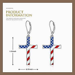 Patriotic 4th of July Earrings for Women Cross Fourth of July American Flag Earrings Dangle Sterling Silver Red White and Blue Veterans USA Independence Day Gifts