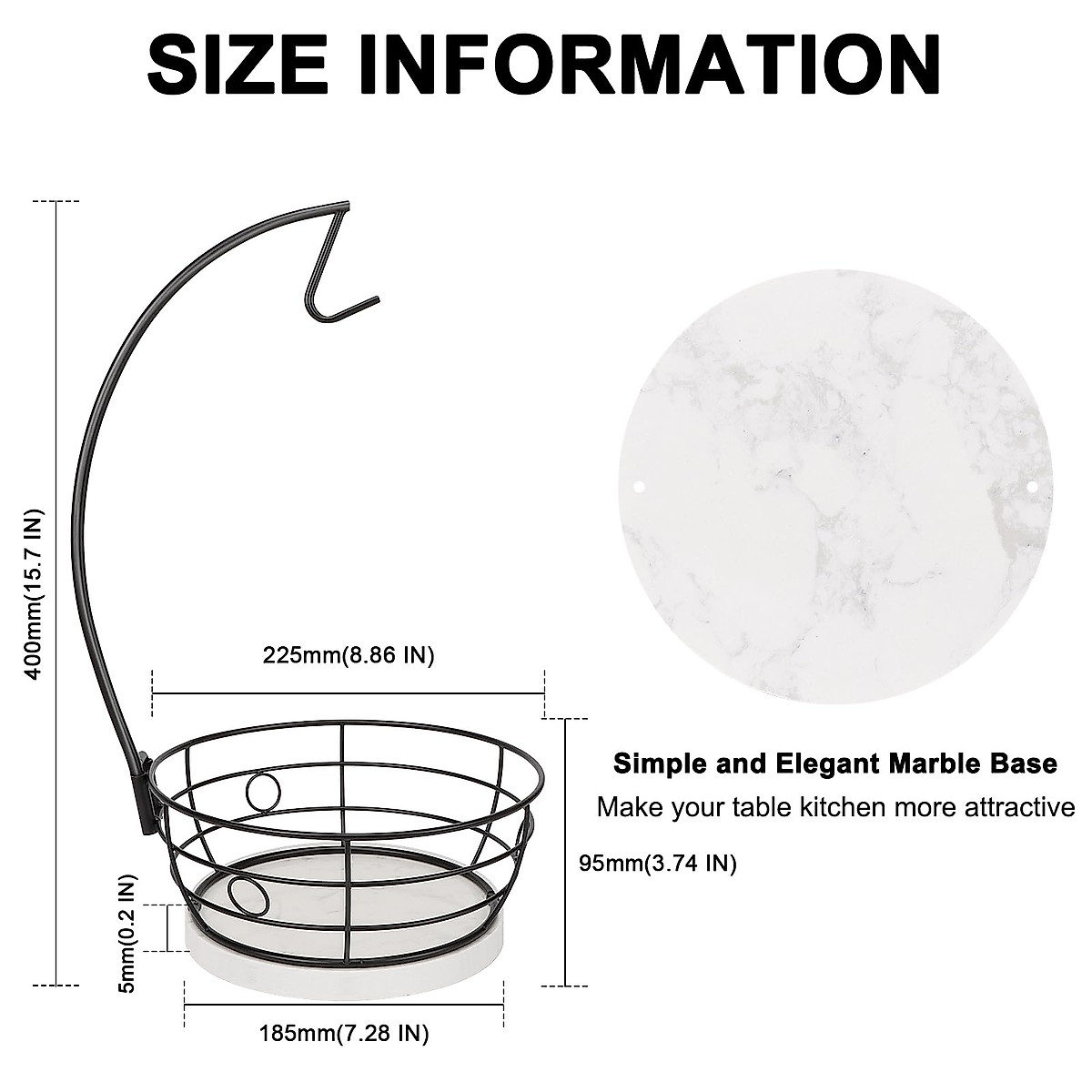 Livabber Countertop Fruit Basket Bowl with Banana Hanger, Modern Standing Fruit Vegetable Bowl Storage, with Banana Tree Holder for Kitchen Dinning Table (Round Marble, Black)