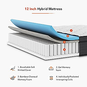 Sweetnight King Mattress, 12 Inch Pillow Top King Size Mattress in a Box, Bamboo and Gel Memory Foam Hybrid Mattress, Individually Wrapped Spring for Motion Isolation & Support,Black