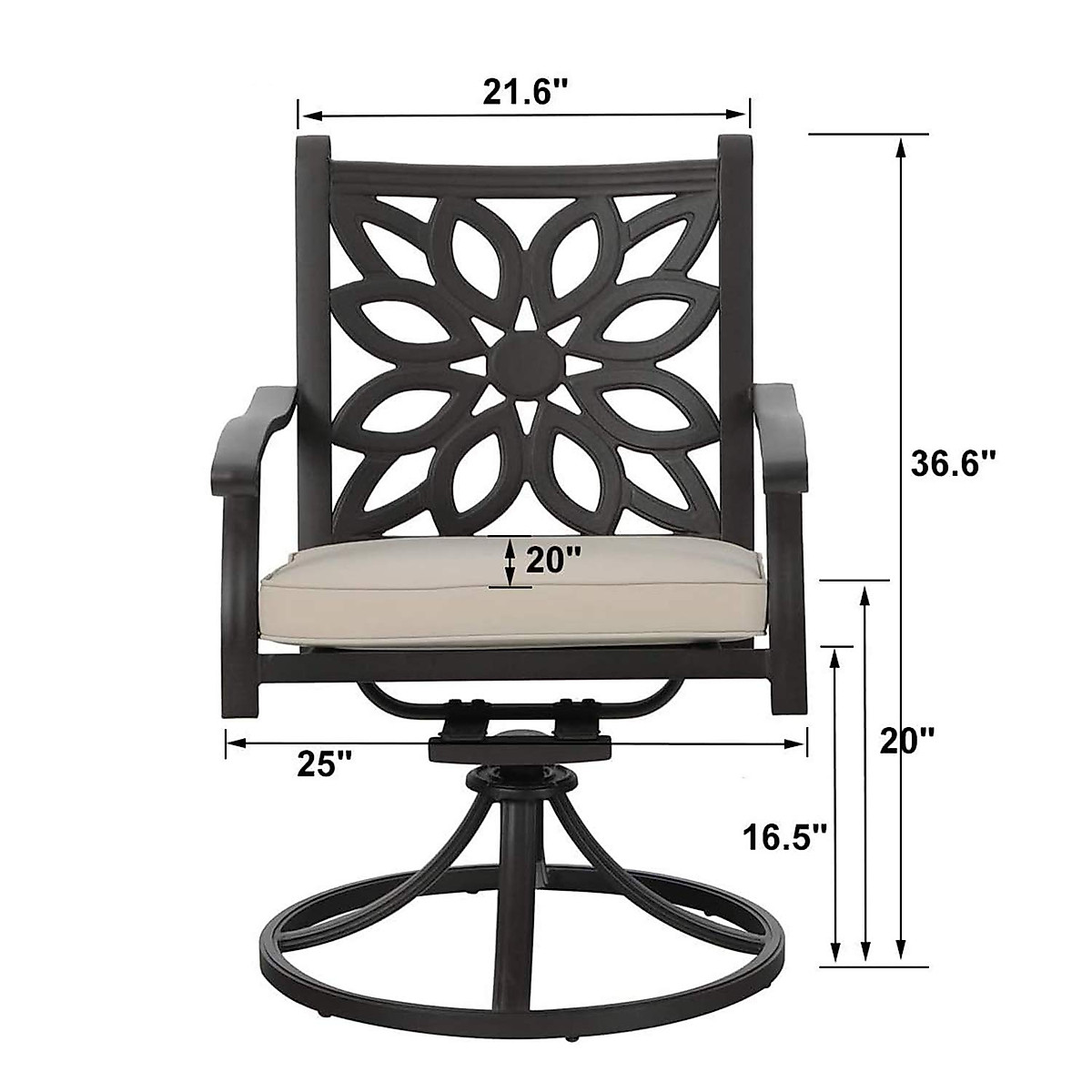 PHI VILLA Outdoor Swivel Rocker Patio Dining Chairs Set of 2 Cast Aluminum Extra Wide Furniture Chair with Cushion