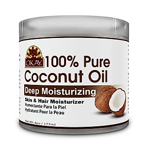 OKAY 100% Pure Coconut Oil for Hair & Skin - Coconut Oil for Women & Men, Perfect for Body & Face, Natural Massage Oil & Moisturizer - 6 Fl Oz Jar (Pack of 1)