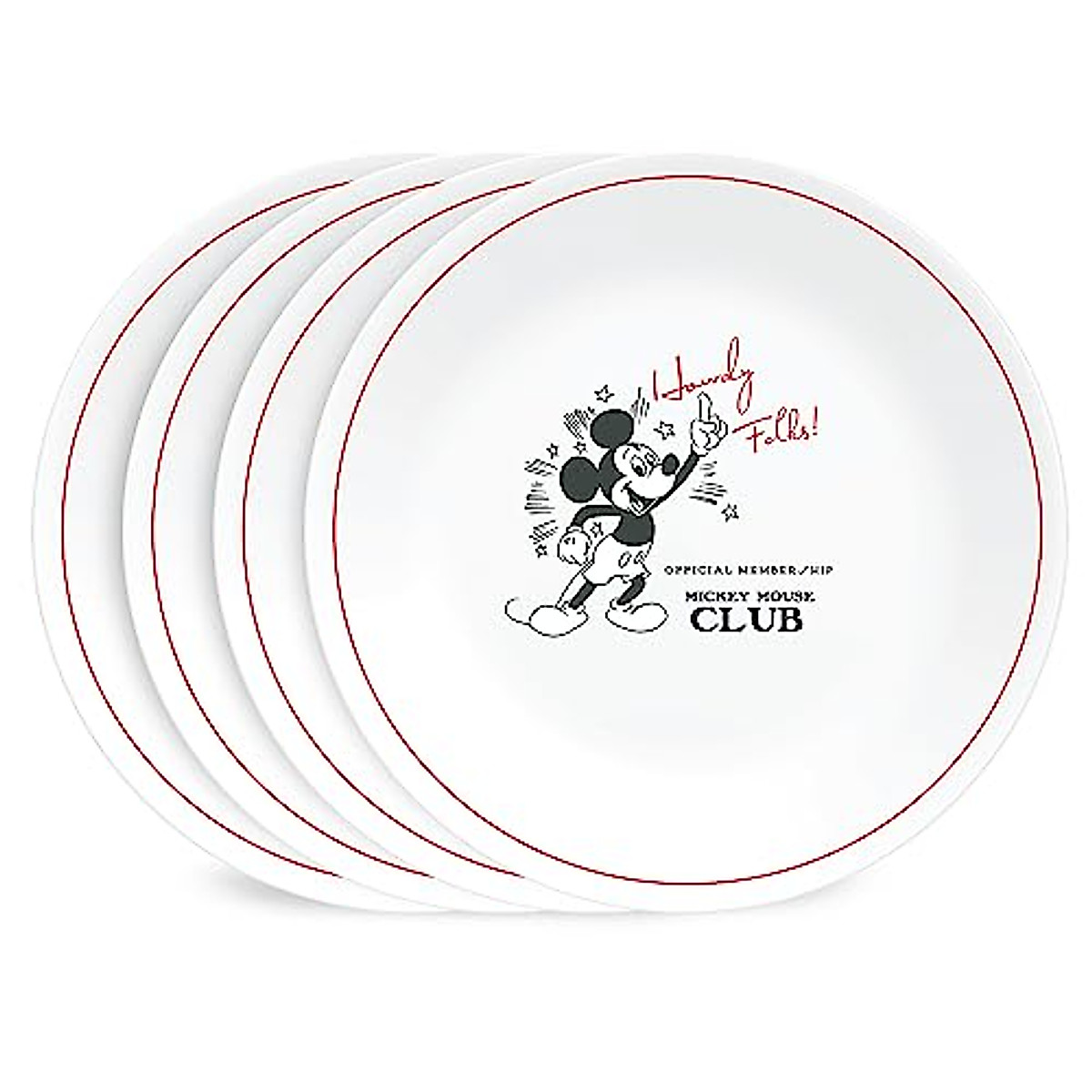 Corelle Vitrelle Micky Mouse 4-PC Salad Plates Set, 8.5" Dinnerware Glass Plates for Salad, Disney Commemorative Series