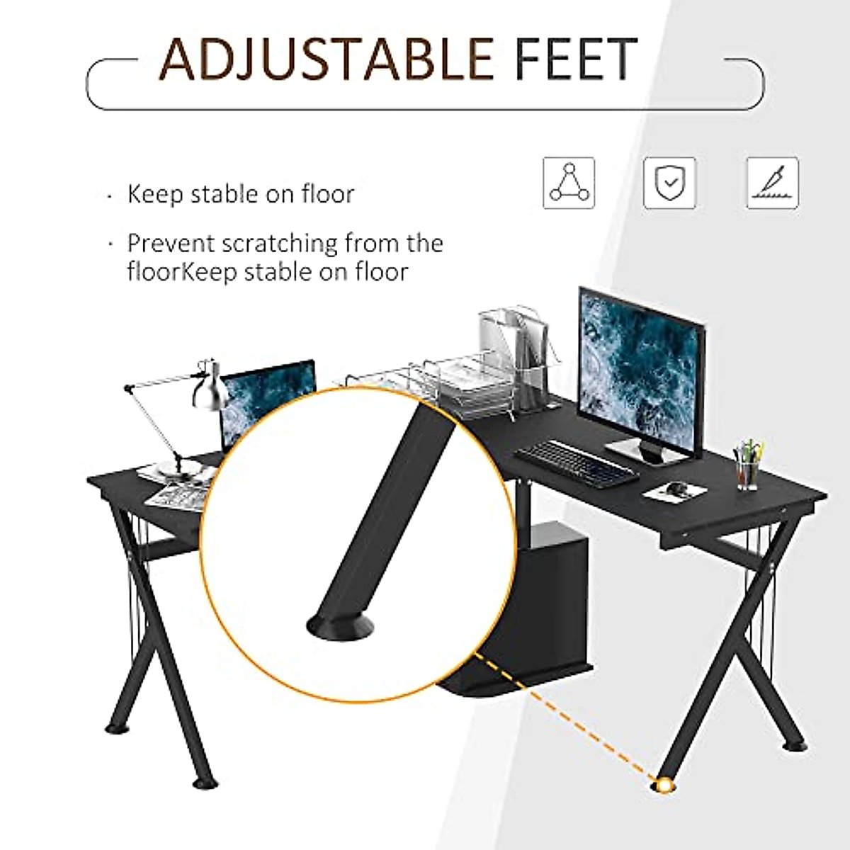HOMCOM 61 Inch Modern Reversible L-Shaped Home Office Desk Computer Laptop Table Gaming Desk Corner Workstation with CPU Stand, Space Saving, Black