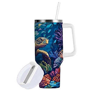 Slewiaeky Tumbler with Handle 40 oz Lovely Turtle Ocean Travel Mug with Lid and Straw Sea Stainless Steel Vacuum Insulated Water Bottle Cup for Iced Tea Coffee Cold Beverages Cup Holder Friendly