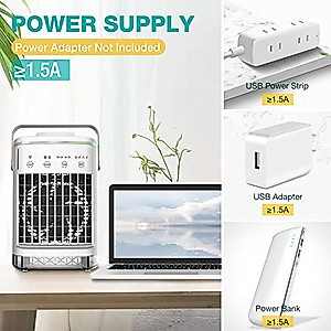 Portable Air Conditioner Fan 4 in1- Desktop Cooling fan with 4 Wind Speed & 2 Spray Modes, 7 Colors LED Light & 2-8H Timer, 700ml Large Watertank High-Efficiency Cooling Fan for Room Office Bedroom Couch Dining Table, Portable USB Power Bank Notebook Powe