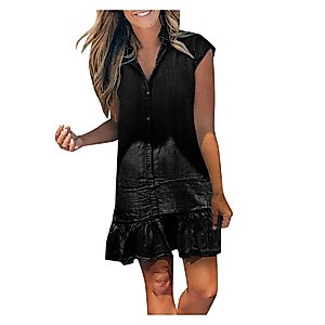 Padaleks Womens Summer Casual Button Down Denim Shirt Dresses Sleeveless Loose Swing Mini Tunic Ruffle Dress Top
