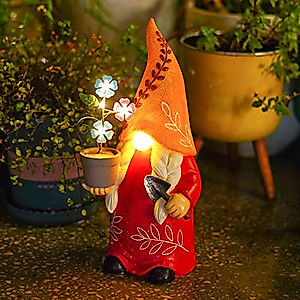 BUMSUNE Garden Gnomes Outdoor, 12-inch Resin Gnomes Statue, Holding a Small Flower Pot with Solar LED Lights, Patio Lawn Outdoor Garden Gift