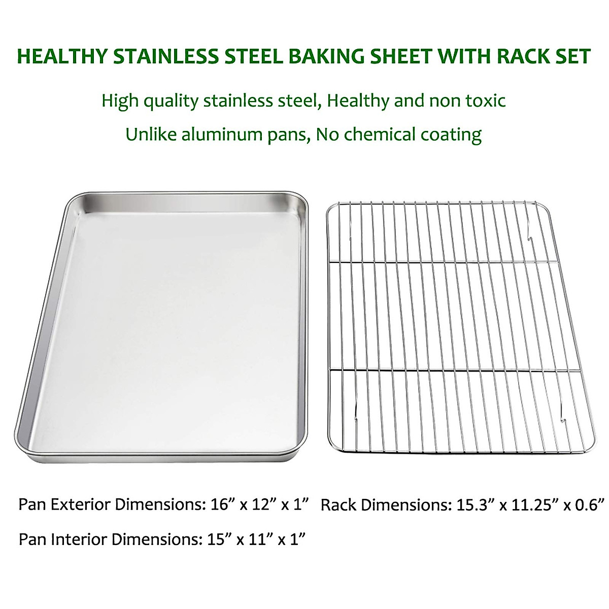 Baking Sheet with Rack Set, E-far Stainless Steel Baking Pans Tray Cookie Sheet with Cooling Rack, 16 x 12 x 1 inch, Non Toxic & Healthy, Rust Free & Dishwasher Safe - 4 Pieces (2 Sheets + 2 Racks)