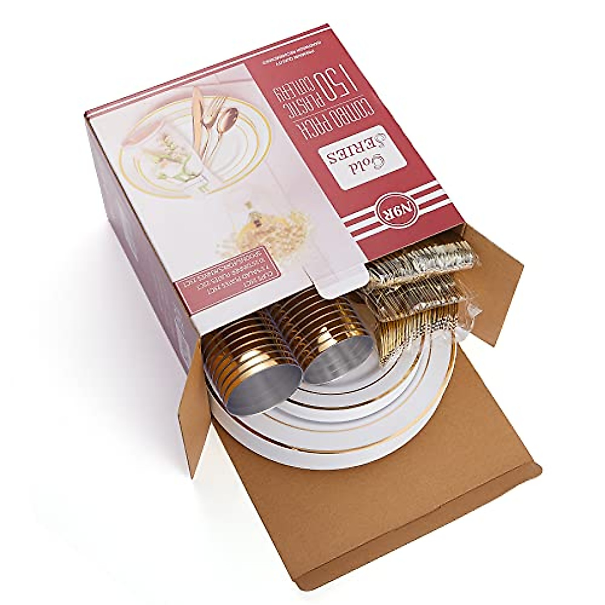 N9R 150PCS Gold Plastic Plates with Plastic Cutlery Set and Cups, Disposable Silverware include 25 Dinner Plates, 25 Dessert Plates, 25 Forks, 25 Knives, 25 Spoons, 25 Cups for Party and Wedding