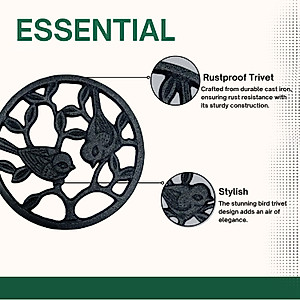 Cast Iron Bird Trivet Set, 3-Pack - Decorative Metal Pot Holders, Rustproof & Rubber Feet for Hot Dishes, Pans, Teapots - Kitchen & Dining Decor, Black