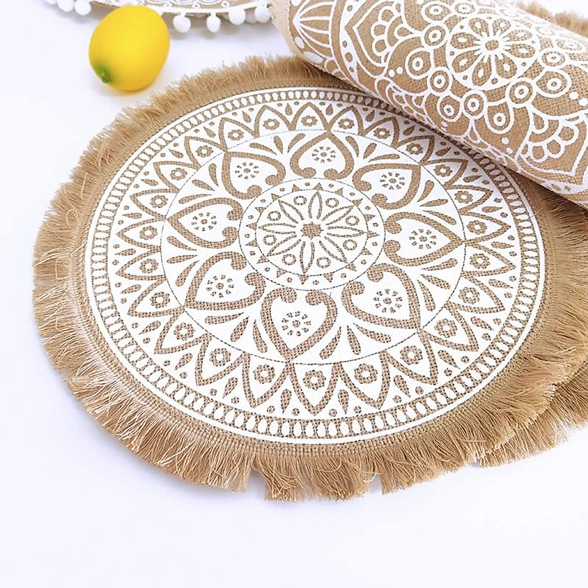 GorinsKani 2 Pieces of Cotton Thread Embroidery Table mat Jute Table mat Decoration mat Round Tassel Side Table mat Heat Insulation mat Anti-Slip Kitchen mat Home Decoration (Tassel Style E)