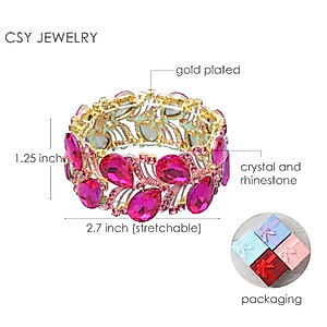 CSY Elegant Stretch Bangle Bracelets Bridal Art Deco Teardrop Crystal Elastic Wide Statement Bracelet for Women Party Prom (hot pink crystal-gold tone)