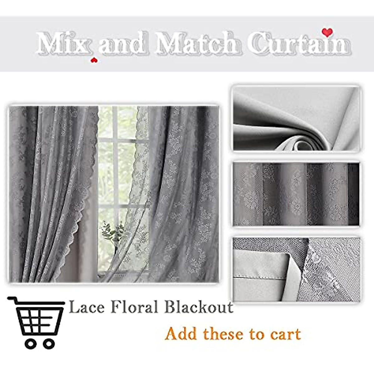 4 Pieces Grey Blackout Curtains & Elegant Rose Floral Lace Sheer Curtains for Bedroom Farmhouse Mix and Match Double Layer Or Single Layer Gray Room Darkening Grommet Window Drapes, 52"W x 84"L x 4