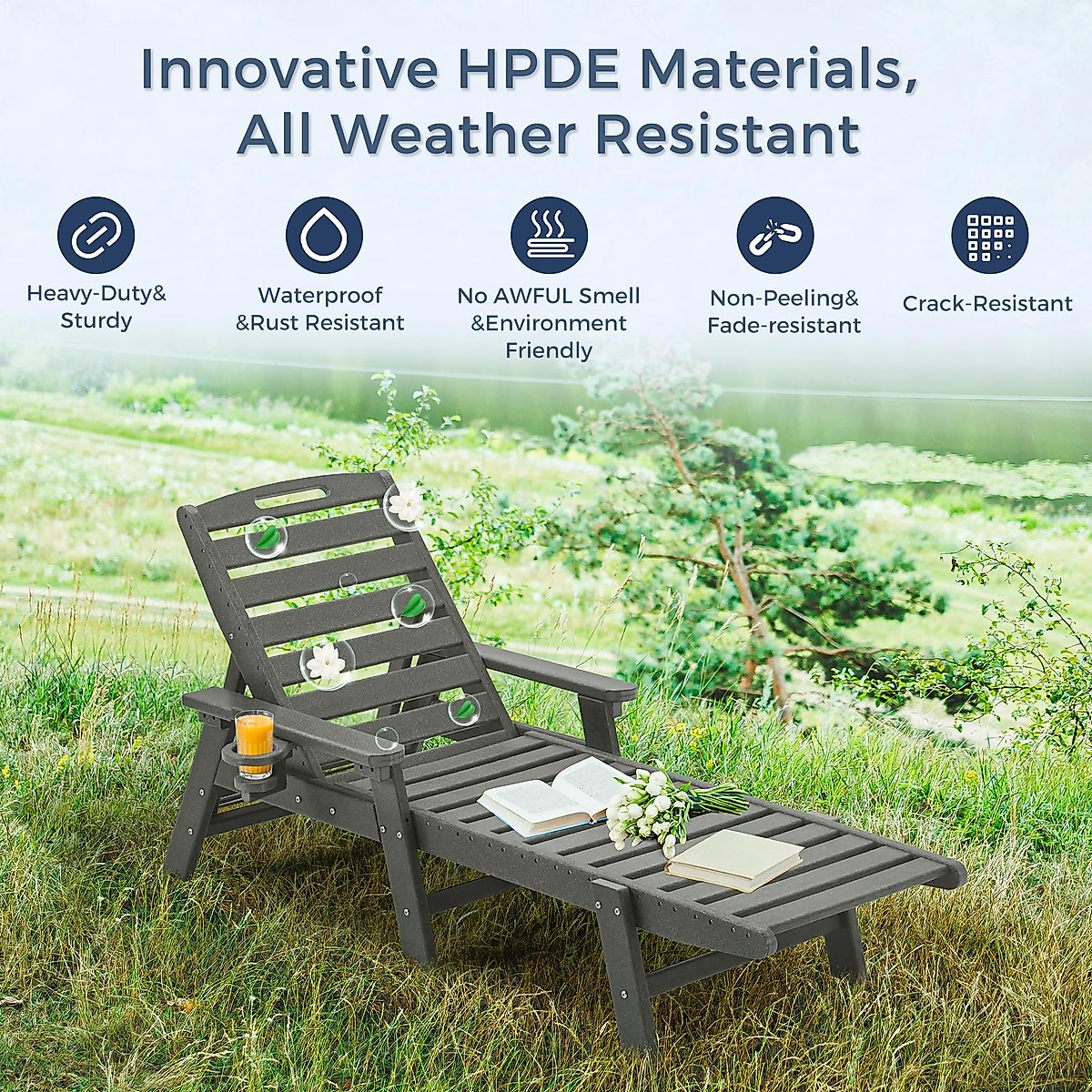 Outdoor Chaise Lounge Chair,Heavy Solid Patio Chaise Lounge with Arm/Cup Holder,HDPE Lounge Chair Outdoor[Wind Resistant and 100% Waterproof],400LBS Adirondack Lounge Chair with 5-Position Backrest