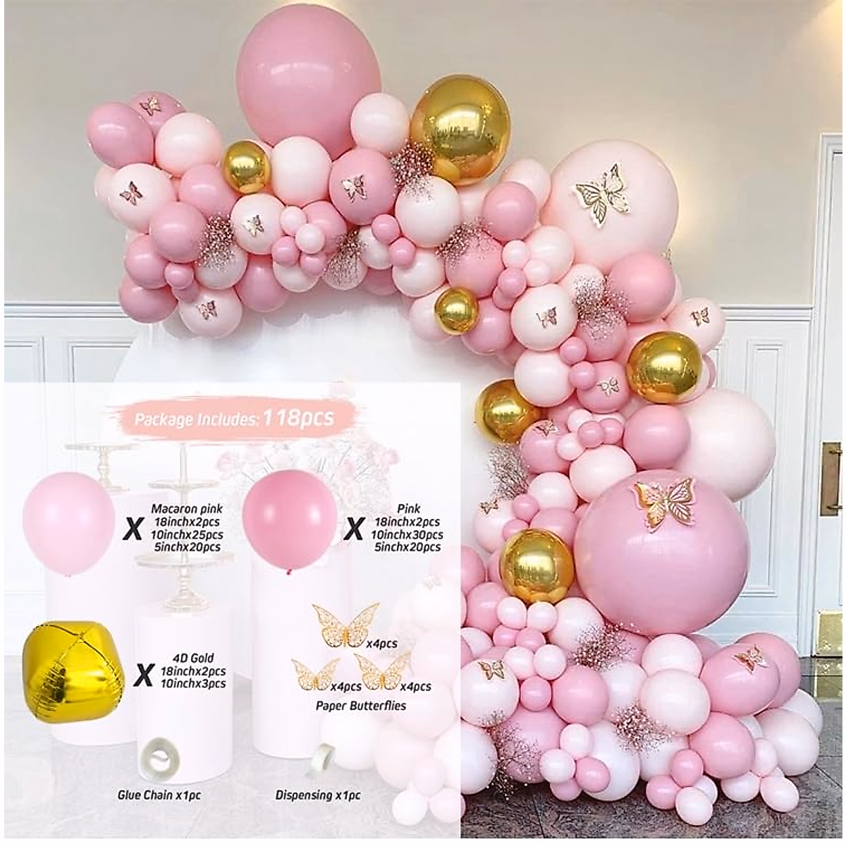 Pink and Gold Butterly Garland Ballon Arch Set Kit 118 pcs
