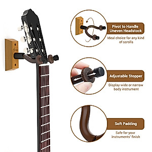 Ohuhu Guitar Wall Mount Hanger, 4-Pack Rotatable Hardwood Guitar Hangers with Screws, Adjustable Stopper Guitar Mount Hook Holder Stand for Acoustic Electric Guitar Banjo Bass Ukulele Mandolin (Wood)