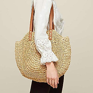 Straw Handbags Women Handwoven Round Corn Straw Bags Natural Chic Hand Large Summer Beach Tote Woven Handle Shoulder Bag (Khaki)