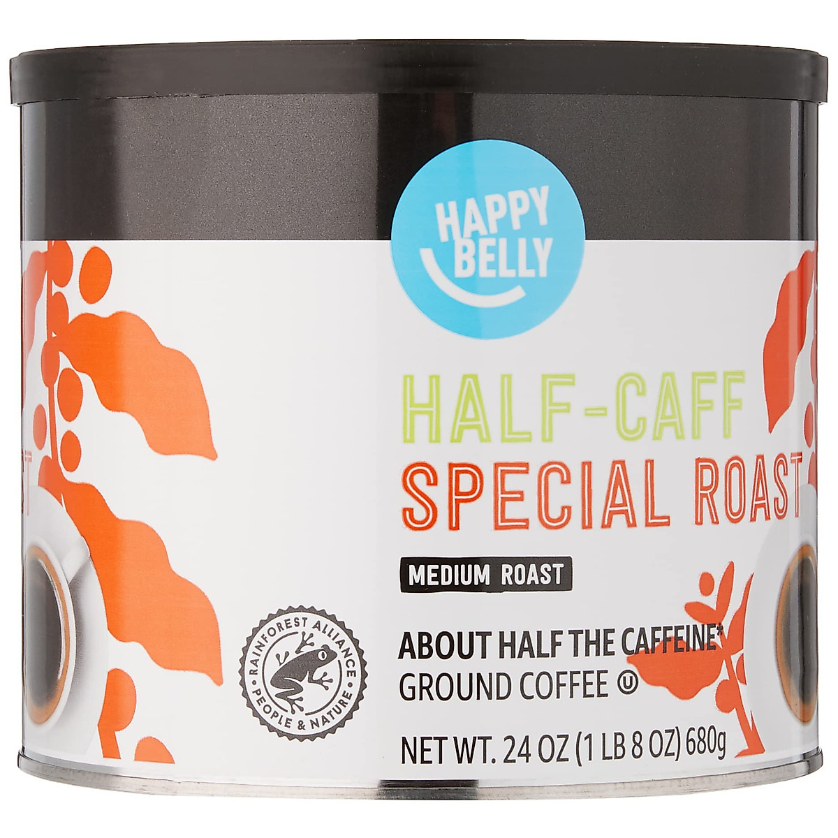 Amazon Brand - Happy Belly Half Caffeine Canister Coffee, Medium Roast, 24 Ounce