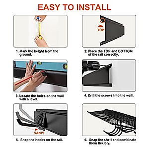 Wallmaster Tool Storage Rack With Wall Shelf, Garage Storage Wall Mount Tool Organizers Heavy Duty Racks Adjustable Wall Hanger System (9Hooks&2Rails&Storage Shelf)