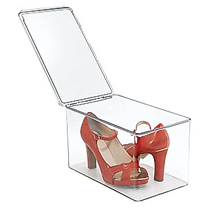 mDesign Stackable Plastic Closet Storage Container Bin Box with Hinge Lid for Organizing Shoes, Booties, Pumps, Sandals, Wedges, Flats, Heels - Lumiere Collection - 6 Pack - Clear
