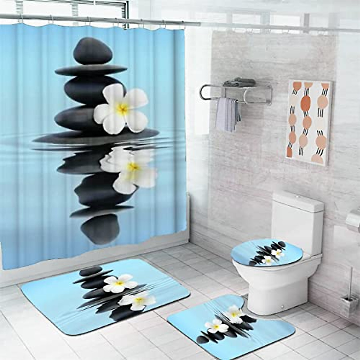 ROUAA Basalt Stones Reflecting on Water with Floral Shower Curtains Sets Cloth Fabric Bathroom Decor 4 Pieces with Hooks (1,70.8" W×70.8" L(180cm×180cm))
