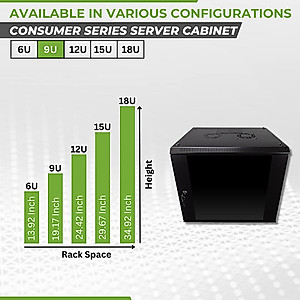 NavePoint 9U Server Rack Enclosure with Glass Door, Cooling Fan, Locks, & Removable Side Panels - 9U Wall Mount Network Cabinet 19 Inch Rack 17.7 Inches Deep