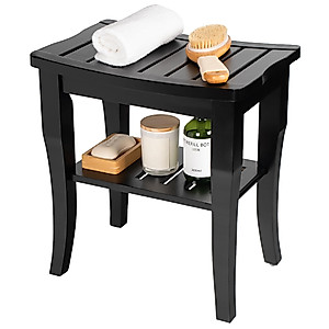 Besilord Bamboo Shower Bench 2-Tier with Storage Shelf Black, Waterproof Shower Benches for Inside Shower, Shower Chair Seat for Adults Elderly Seniors for Indoor and Outdoor Use