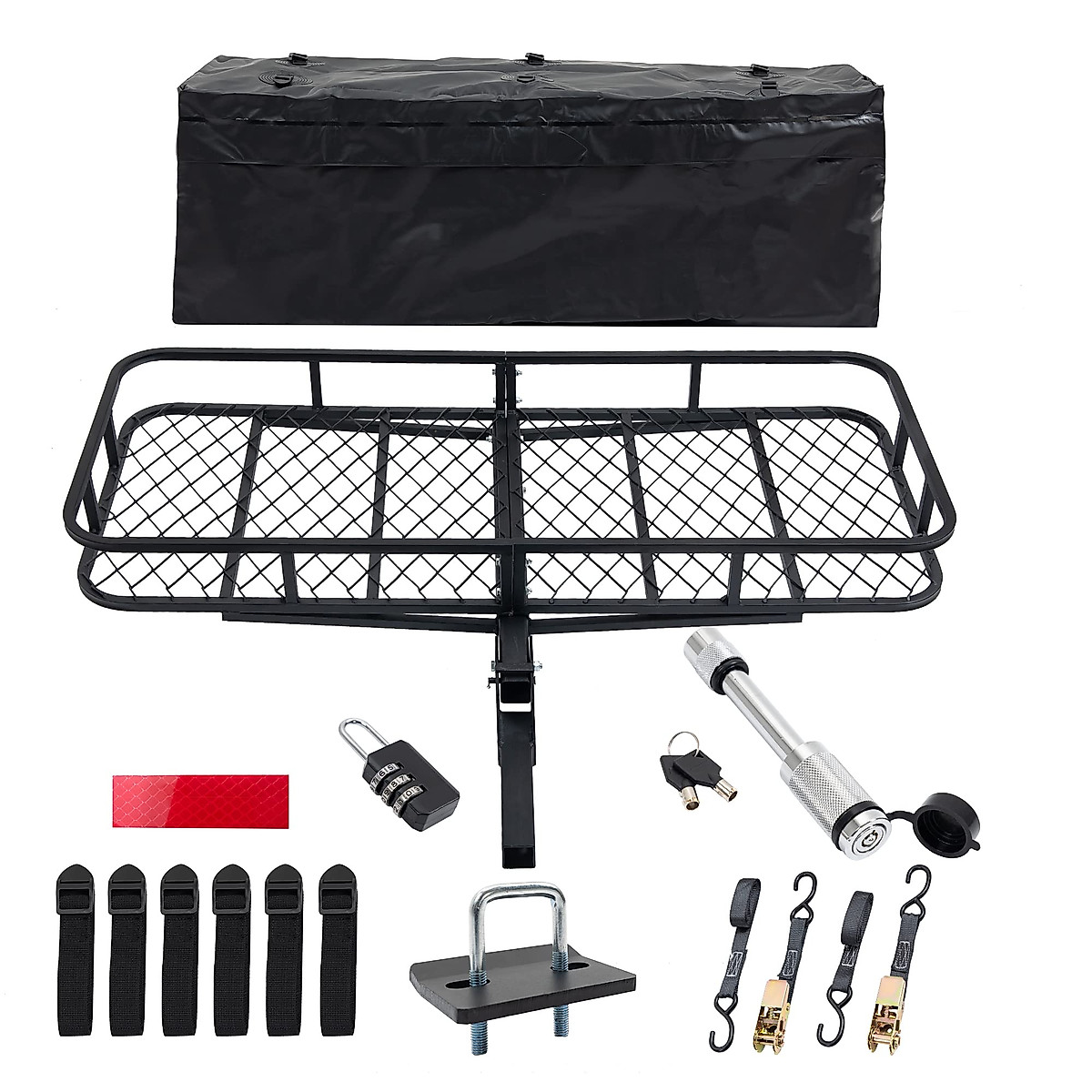Folding Hitch Mount Cargo Carrier - Luggage Basket Rack Fits 2" Receiver - Rear Cargo Rack for SUV, Truck, Car(Includes Cargo Net, Ratchet Straps, Waterproof Cover) - 550LB Capacity