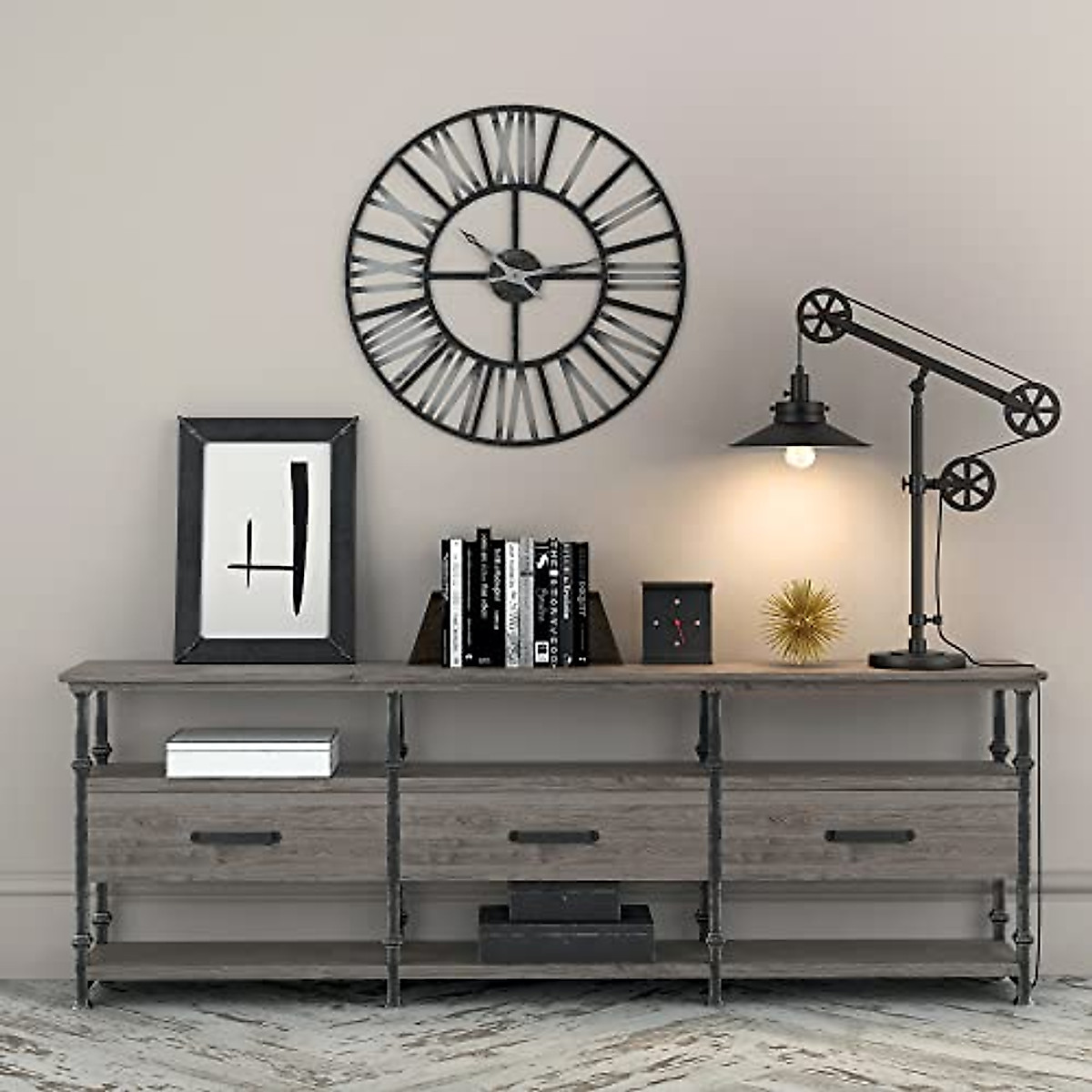 Henn&Hart 29" Tall Wide Brim/Pulley System Table Lamp with Metal Shade in Blackened Bronze/Blackened Bronze, Laptop Desk, Computer Desk, Home Office