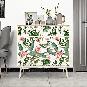 WESTICK Green Floral Wallpaper Self Adehesive Tropical Wall Paper Palm Tree Peel and Stick Botanical Vinyl Wallpaper Banana Leaf Pink Amaryllis Flower Contact Paper for Cabinets 17.5 x 118 inch