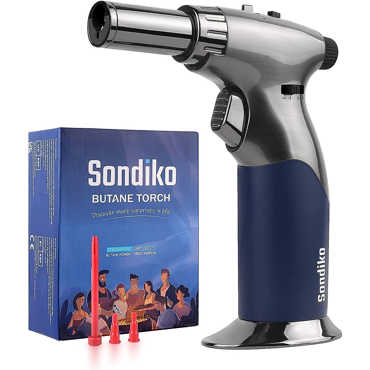 Sondiko Butane Torch, Dual Adjustable Flame Size Butane Torch Lighter, Mini Blow Torch, Refillable Blow Torch with Continuous Flame Lock for Creme Brulee, Cooking (Butane Gas Is Not Included)