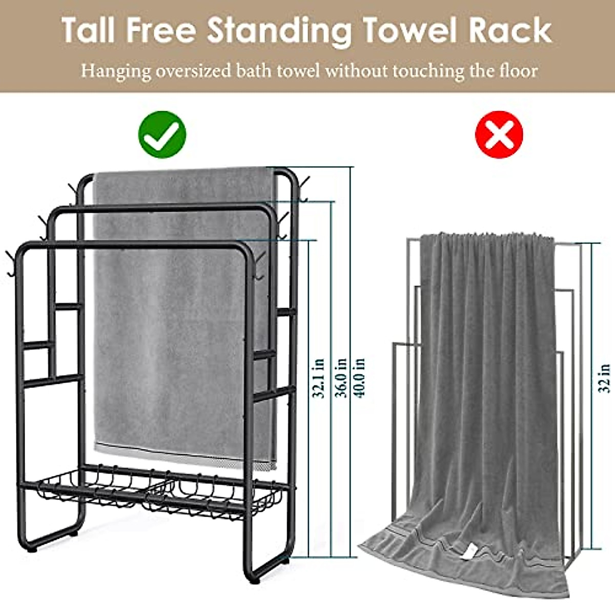 Kayfia 40" Tall Freestanding Towel Racks, 3 Tier Blanket Rack with 2 Removable Storage Baskets & 6 Hooks, Indoor Outdoor Floor Blanket Ladder Holder for Bedroom Bathroom Organizer (Metal Black)