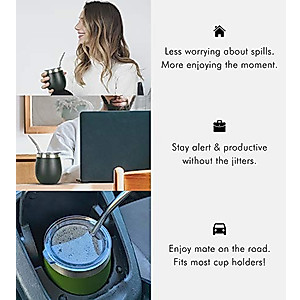 Here & Now Yerba Mate Cup and Bombilla Set | 2 Mate Gourds, Spill Resistant Lids, & Mate Straws | Bombilla Brush & Pouch Included | Yerba Mate Gourd Kit with Bombilla Mate & Mate Tea Cups (Black)