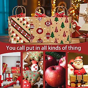 DIYDEC 24PCS Christmas Kraft Gift Bags 8 Styles Xmas Wrapping Paper Bags Medium Size Xmas Gift Bags with Handles Reusable Goody Treat Bags Bulk for Holiday Party Favor Supplies