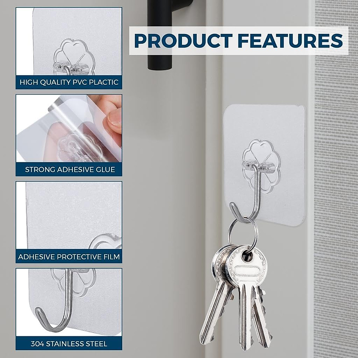 AMAZOPEN Self Adhesive Hooks - 24 Packs of Transparent Wall Door Hooks Stick On/Extra Strong Sticky Hooks for Hanging Coat, Cloth, Towel, Key and More