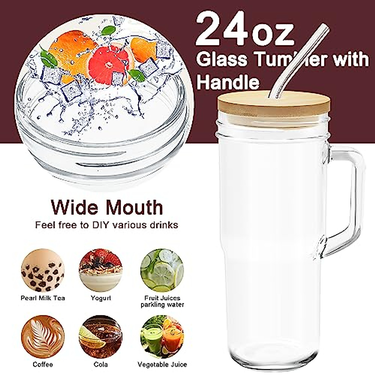 4-Pack 24oz Glass Tumbler Cups with Handle, Bamboo Lids, and Straws - Reusable Mason Jar Drinking Glasses for Iced Coffee, Smoothies, Beer, Juice, and Tea