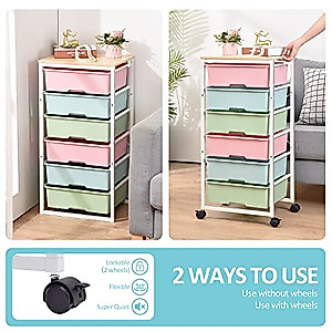 TOOLF Rolling Storage Cart with 6 Drawers, Wooden Tabletop, Easy Movement, Large Capacity, Durable Construction & Colorful Style in White Bar