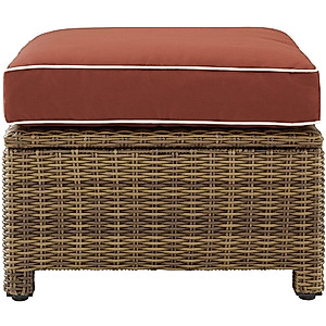 Crosley Furniture Bradenton Wicker Outdoor Ottoman Foot Rest for Patio, Deck, Porch, Brown with Sangria Cushions