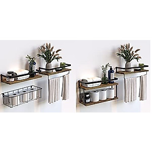 RICHER HOUSE Floating Shelves Set of 6, Rustic Wood Wall Shelf with Metal Frame, Extra Storage Rack for Bathroom, Kitchen, Bedroom with Tissue Rack & Towel Bar - Rustic Brown