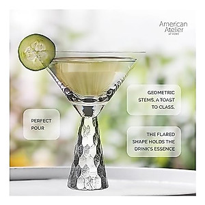 American Atelier Daphne Martini Glasses | Set of 2 | Hammered Metal Design | 9-Ounce Capacity | Elegant Cocktail Barware for Martini or Cosmopolitan (Silver)